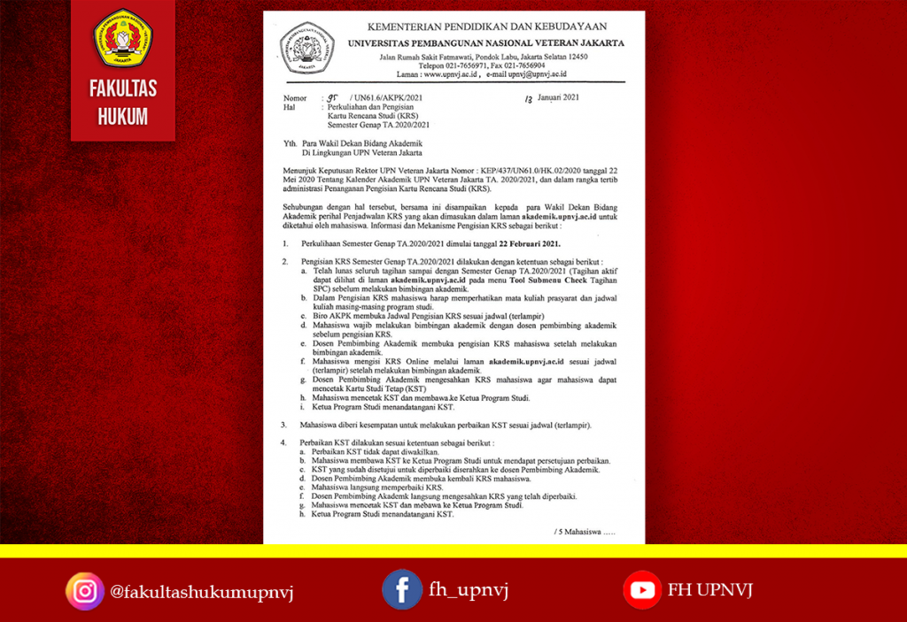 Pemberitahuan Perkuliahan dan Pengisian Kartu Rencana Studi (KRS) Semester Genap TA.2020/2021 ...